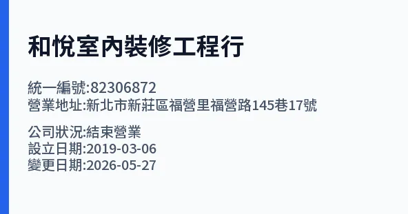 和悅室內裝修工程行的照片-統編 82306872(新北市) 公司登記資料與營業項目詳細圖表