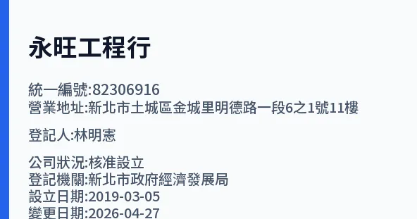 永旺工程行的照片-統編 82306916(新北市) 公司登記資料與營業項目詳細圖表