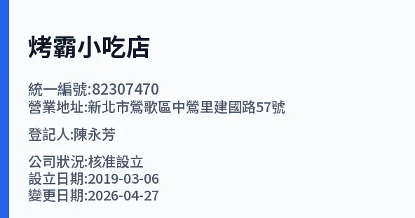 烤霸小吃店的照片-統編 82307470(新北市) 公司登記資料與營業項目詳細圖表