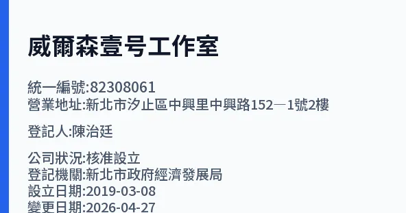 威爾森壹号工作室的照片-統編 82308061(新北市) 公司登記資料與營業項目詳細圖表