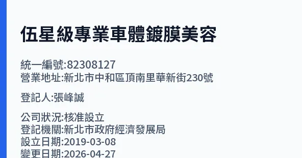 伍星級專業車體鍍膜美容的照片-統編 82308127(新北市) 公司登記資料與營業項目詳細圖表
