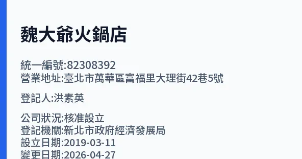 魏大爺火鍋店的照片-統編 82308392(臺北市) 公司登記資料與營業項目詳細圖表