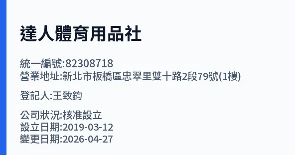 達人體育用品社的照片-統編 82308718(新北市) 公司登記資料與營業項目詳細圖表
