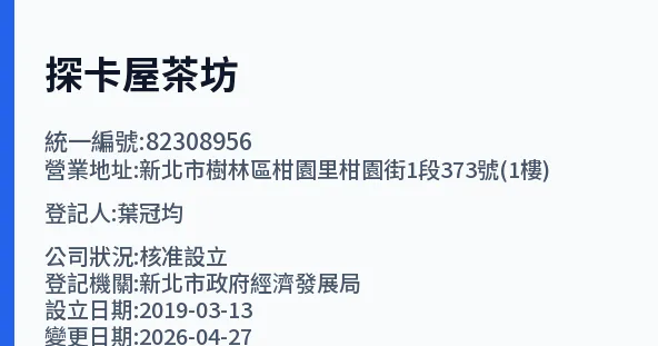 探卡屋茶坊的照片-統編 82308956(新北市) 公司登記資料與營業項目詳細圖表