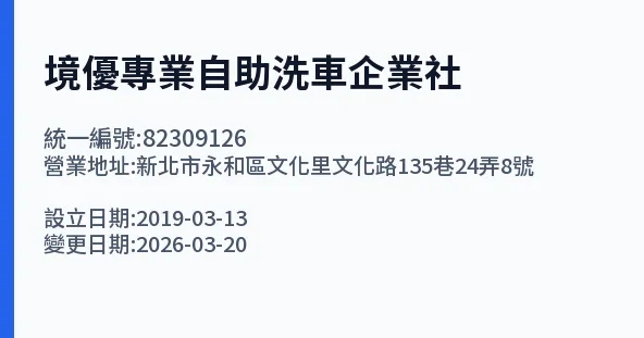 境優專業自助洗車企業社的照片-統編 82309126(新北市) 公司登記資料與營業項目詳細圖表