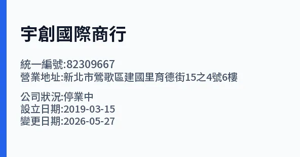 宇創國際商行的照片-統編 82309667(新北市) 公司登記資料與營業項目詳細圖表
