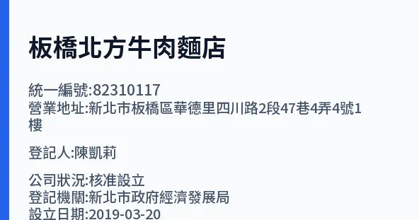 板橋北方牛肉麵店的照片-統編 82310117(新北市) 公司登記資料與營業項目詳細圖表