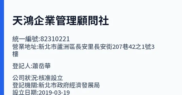 天鴻企業管理顧問社的照片-統編 82310221(新北市) 公司登記資料與營業項目詳細圖表