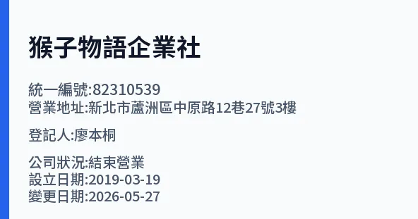 猴子物語企業社的照片-統編 82310539(新北市) 公司登記資料與營業項目詳細圖表