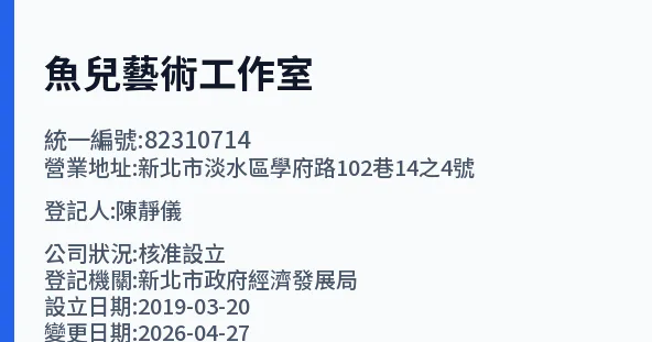 魚兒藝術工作室的照片-統編 82310714(新北市) 公司登記資料與營業項目詳細圖表