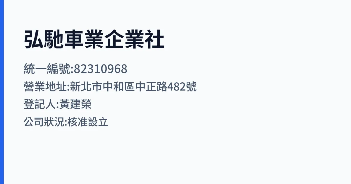 弘馳車業企業社 - 統編 82310968(新北市) 公司登記資料與營業項目詳細圖表