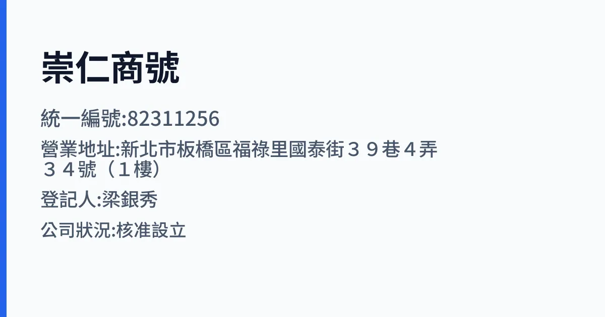 崇仁商號 - 統編 82311256(新北市) 公司登記資料與營業項目詳細圖表