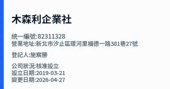 木森利企業社的照片-統編 82311328(新北市) 公司登記資料與營業項目詳細圖表