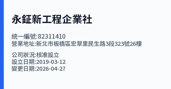 永鉦新工程企業社的照片-統編 82311410(新北市) 公司登記資料與營業項目詳細圖表