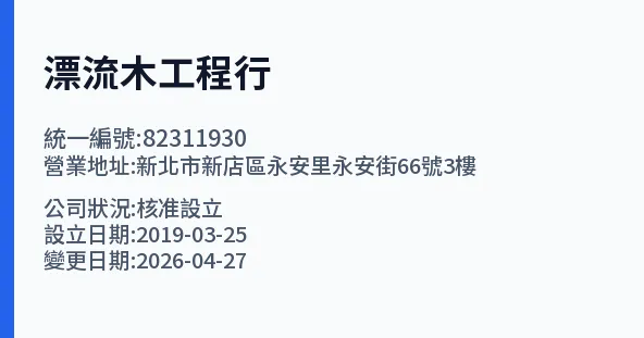 漂流木工程行的照片-統編 82311930(新北市) 公司登記資料與營業項目詳細圖表