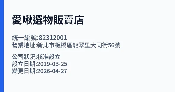 愛啾選物販賣店的照片-統編 82312001(新北市) 公司登記資料與營業項目詳細圖表