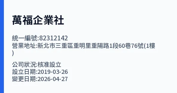 萬福企業社的照片-統編 82312142(新北市) 公司登記資料與營業項目詳細圖表