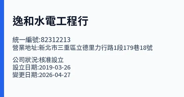 逸和水電工程行的照片-統編 82312213(新北市) 公司登記資料與營業項目詳細圖表