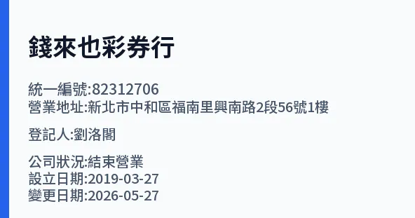 錢來也彩券行的照片-統編 82312706(新北市) 公司登記資料與營業項目詳細圖表