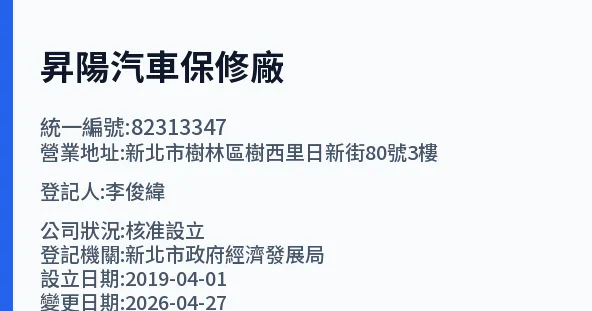 昇陽汽車保修廠的照片-統編 82313347(新北市) 公司登記資料與營業項目詳細圖表
