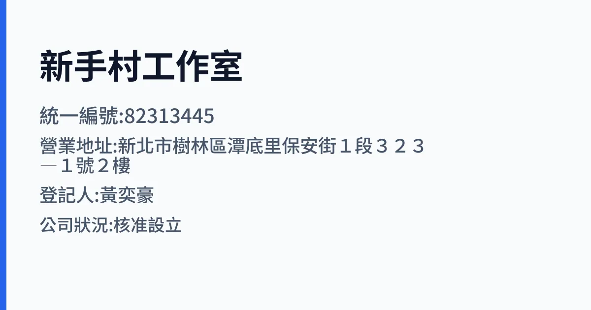 新手村工作室 - 統編 82313445(新北市) 公司登記資料與營業項目詳細圖表