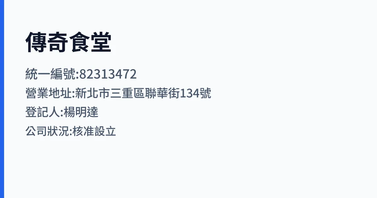 傳奇食堂 - 統編 82313472(新北市) 公司登記資料與營業項目詳細圖表