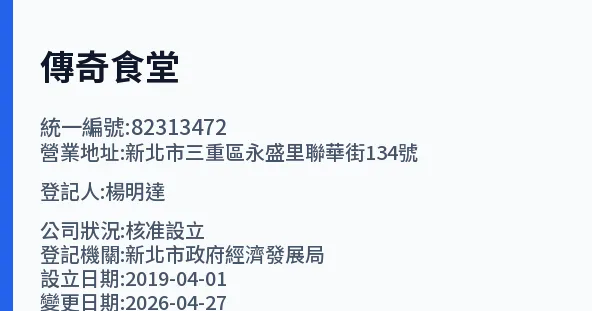 傳奇食堂的照片-統編 82313472(新北市) 公司登記資料與營業項目詳細圖表