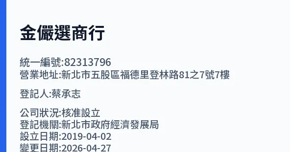 金儼選商行的照片-統編 82313796(新北市) 公司登記資料與營業項目詳細圖表