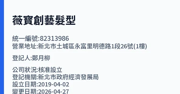 薇寳創藝髮型的照片-統編 82313986(新北市) 公司登記資料與營業項目詳細圖表