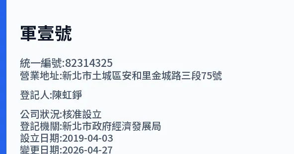 軍壹號的照片-統編 82314325(新北市) 公司登記資料與營業項目詳細圖表