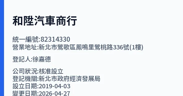 和陞汽車商行的照片-統編 82314330(新北市) 公司登記資料與營業項目詳細圖表