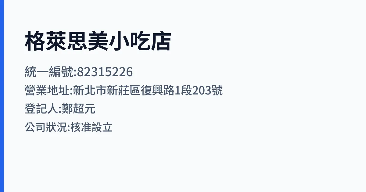 格萊思美小吃店 - 統編 82315226(新北市) 公司登記資料與營業項目詳細圖表