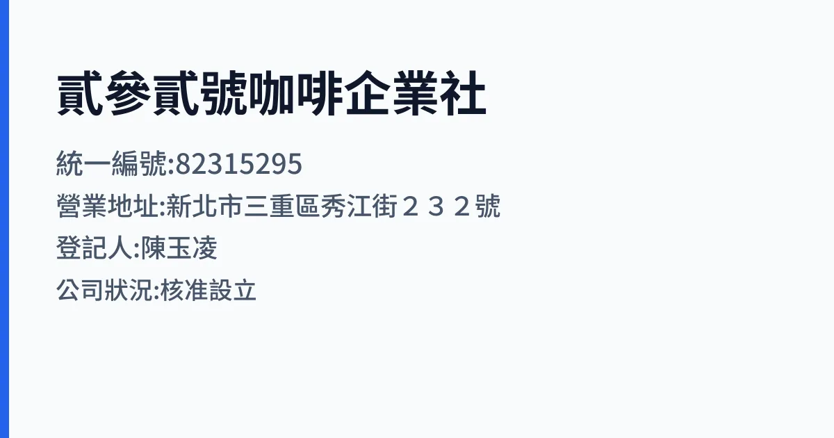 貳參貳號咖啡企業社 - 統編 82315295(新北市) 公司登記資料與營業項目詳細圖表