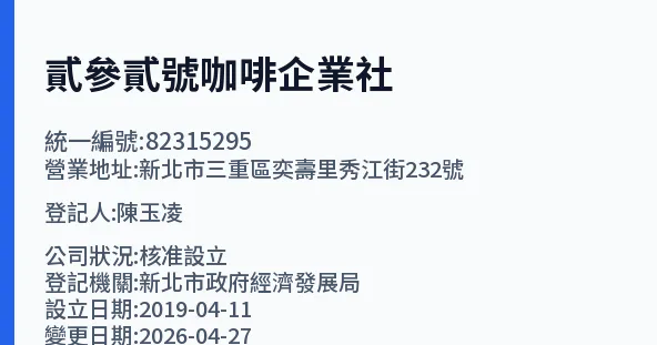 貳參貳號咖啡企業社的照片-統編 82315295(新北市) 公司登記資料與營業項目詳細圖表