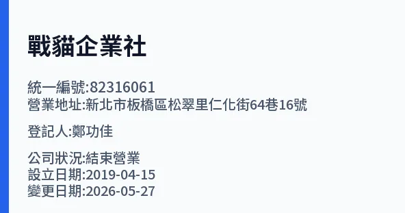 戰貓企業社的照片-統編 82316061(新北市) 公司登記資料與營業項目詳細圖表