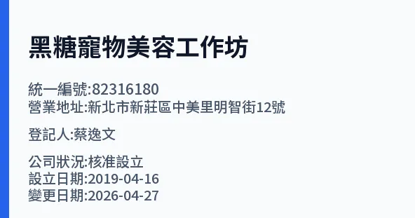 黑糖寵物美容工作坊的照片-統編 82316180(新北市) 公司登記資料與營業項目詳細圖表
