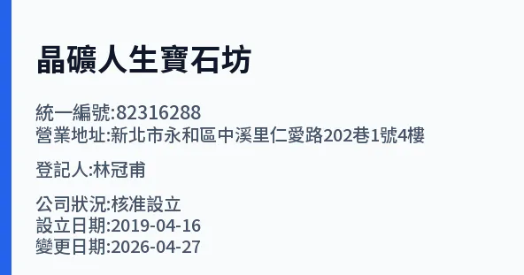 晶礦人生寶石坊的照片-統編 82316288(新北市) 公司登記資料與營業項目詳細圖表