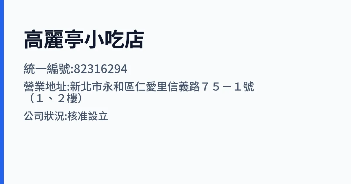 高麗亭小吃店 - 統編 82316294(新北市) 公司登記資料與營業項目詳細圖表