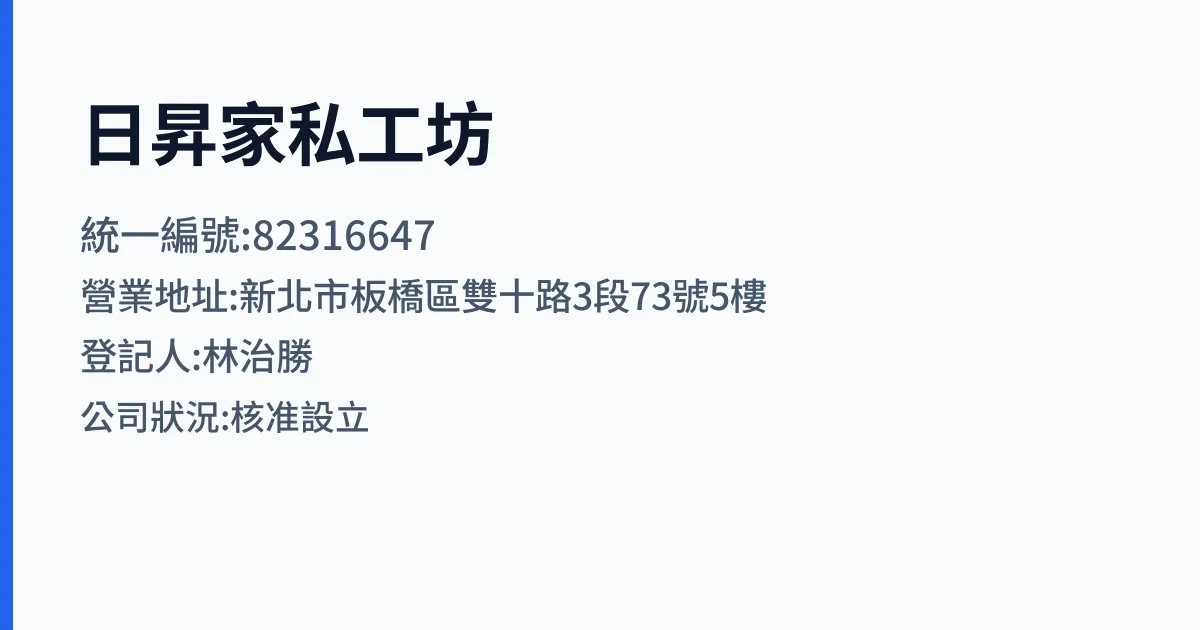 日昇家私工坊 - 統編 82316647(新北市) 公司登記資料與營業項目詳細圖表