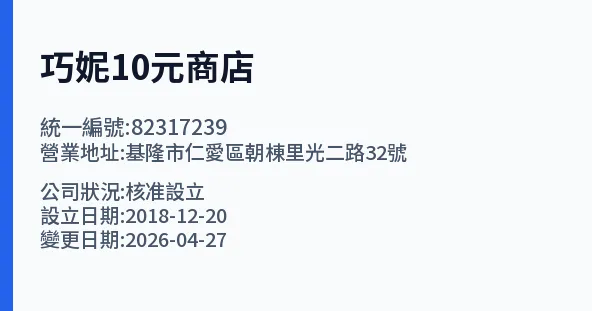 巧妮10元商店的照片-統編 82317239(基隆市) 公司登記資料與營業項目詳細圖表