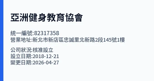 亞洲健身教育協會的照片-統編 82317358(新北市) 公司登記資料與營業項目詳細圖表