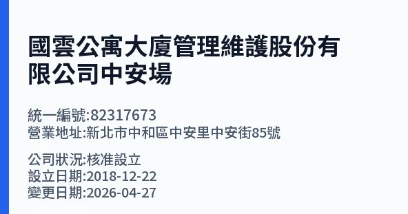 國雲公寓大廈管理維護股份有限公司中安場的照片-統編 82317673(新北市) 公司登記資料與營業項目詳細圖表