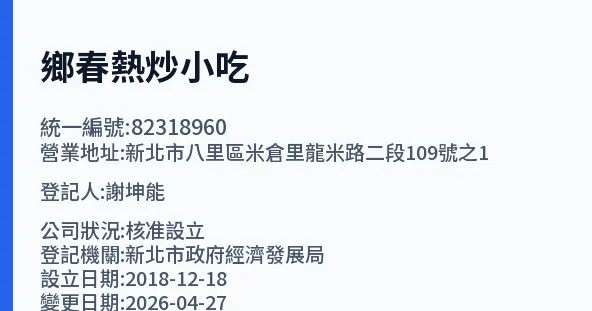 鄉春熱炒小吃的照片-統編 82318960(新北市) 公司登記資料與營業項目詳細圖表