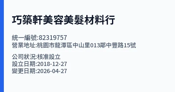 巧築軒美容美髮材料行的照片-統編 82319757(桃園市) 公司登記資料與營業項目詳細圖表