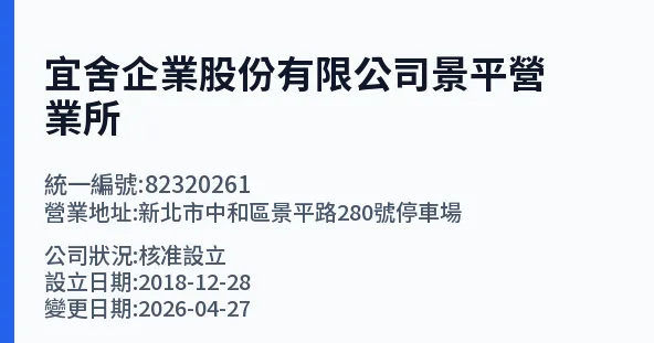 宜舍企業股份有限公司景平營業所的照片-統編 82320261(新北市) 公司登記資料與營業項目詳細圖表