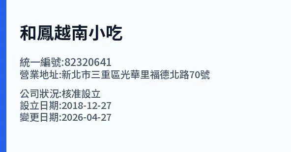 和鳳越南小吃的照片-統編 82320641(新北市) 公司登記資料與營業項目詳細圖表
