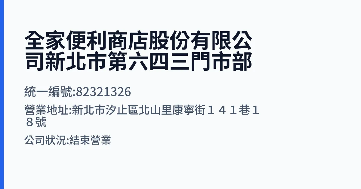 全家便利商店股份有限公司新北市第六四三門市部 - 統編 82321326(新北市) 公司登記資料與營業項目詳細圖表