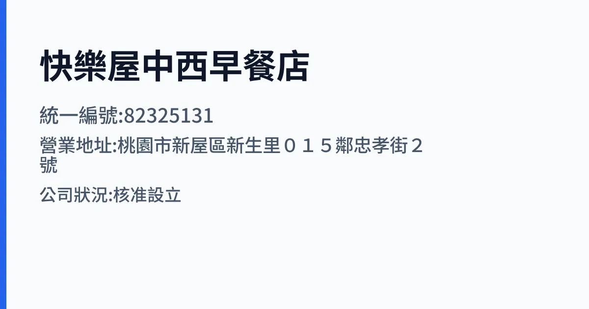 快樂屋中西早餐店 - 統編 82325131(桃園市) 公司登記資料與營業項目詳細圖表