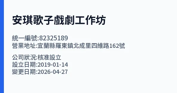 安琪歌子戲劇工作坊的照片-統編 82325189(宜蘭縣) 公司登記資料與營業項目詳細圖表