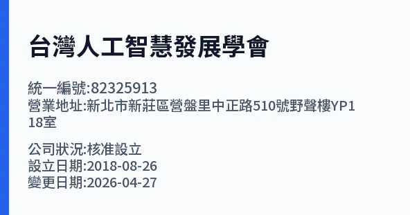 台灣人工智慧發展學會的照片-統編 82325913(新北市) 公司登記資料與營業項目詳細圖表